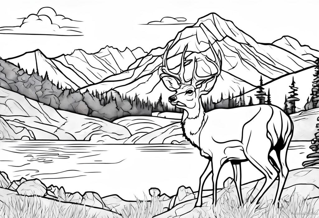Hirsch am Bergsee - Tiere - Ausmalbild.eu