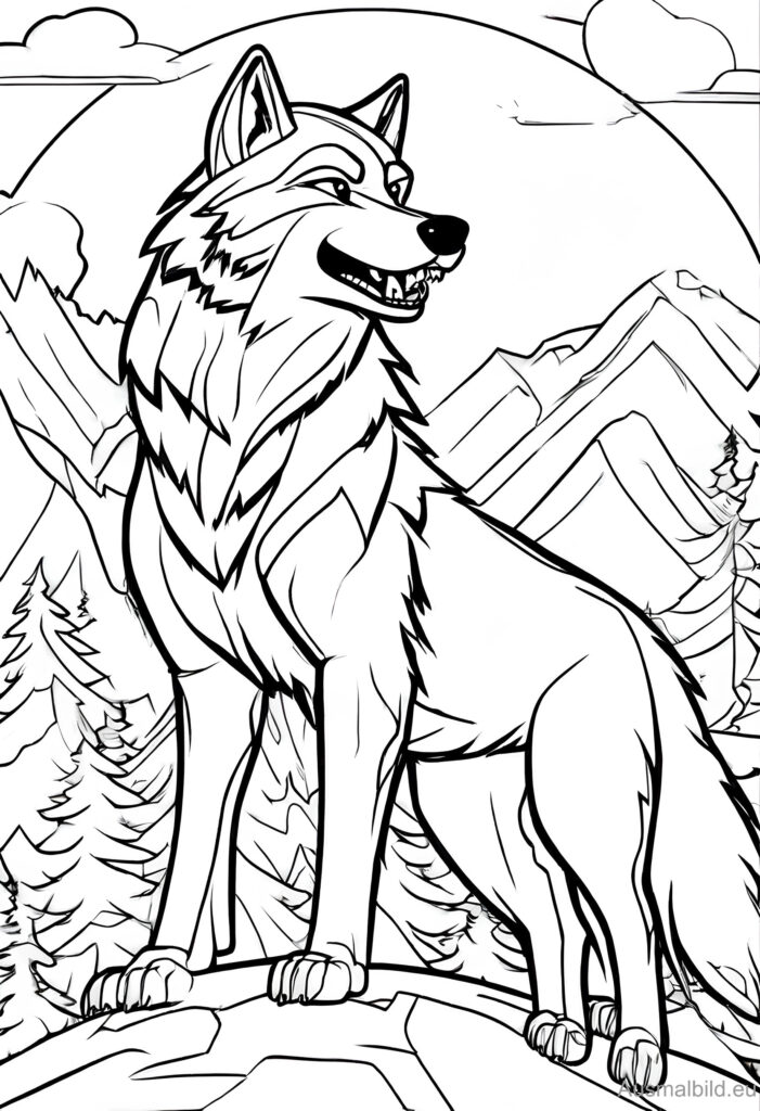 Wolf vor einem Berg - Ausmalbild.eu
