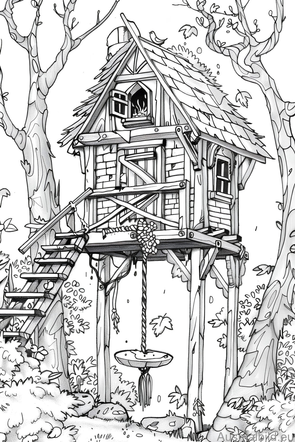 Baumhaus im Wald - Ausmalbild.eu