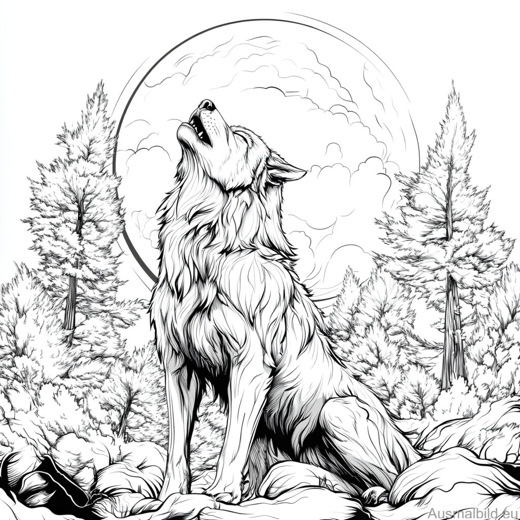 Wolf howls at the moon - Ausmalbild.eu