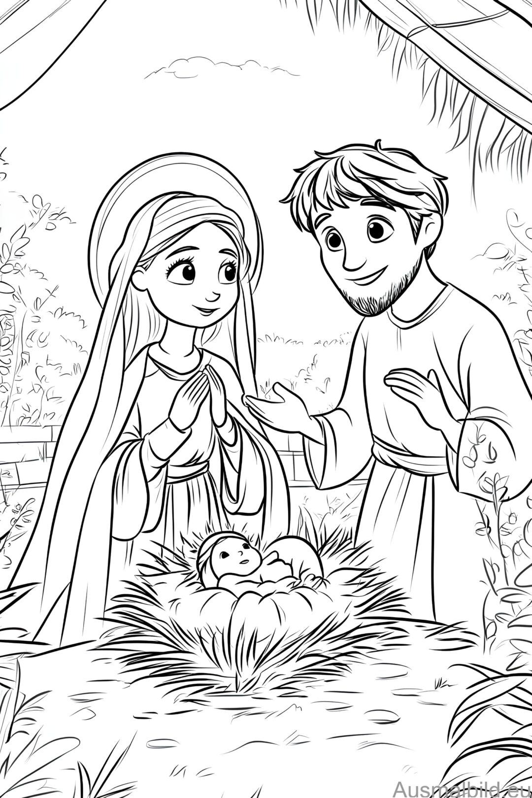 Maria & Josef mit dem Jesuskind - Weihnachten - Ausmalbild.eu