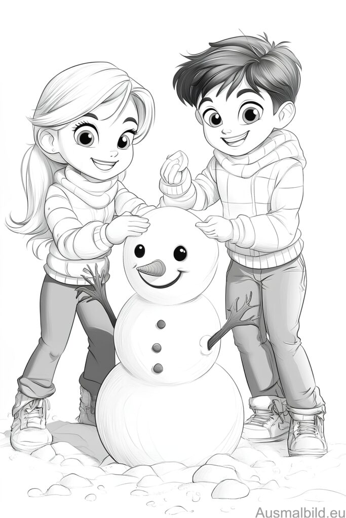 Two children with a little snowman - Winter - Ausmalbild.eu