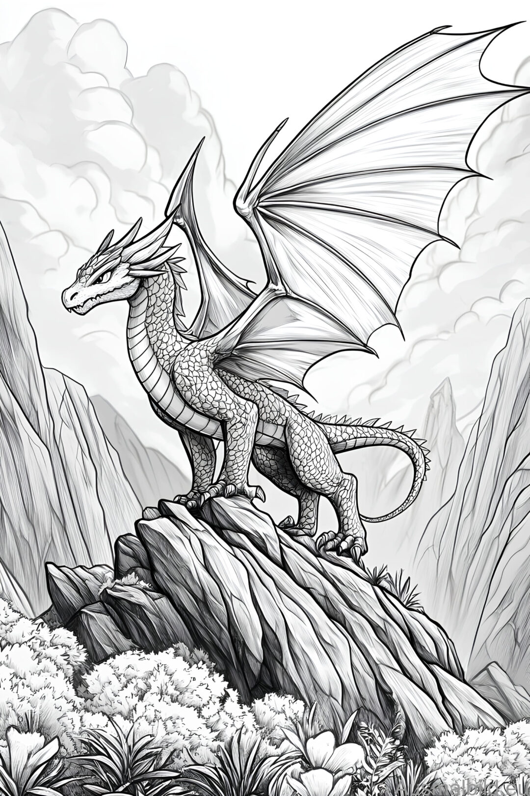 Drache auf Felsen - Ausmalbild.eu