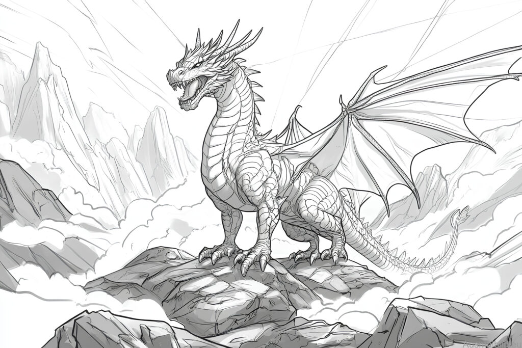 Big dragon on the mountain - Dragons - Ausmalbild.eu