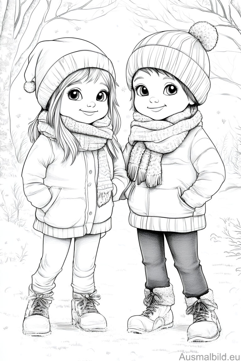 Zwei Mädchen im Schnee - Winter - Ausmalbild.eu